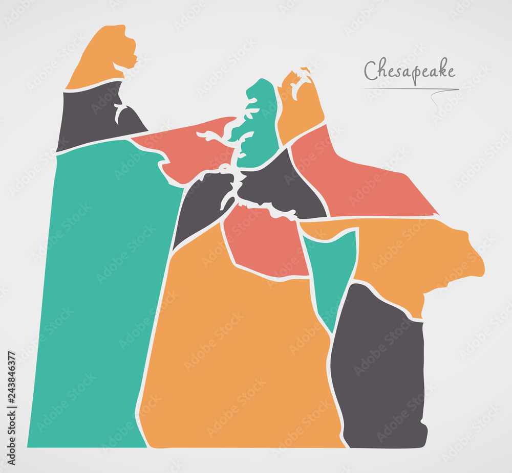 Chesapeake Virginia Map with neighborhoods and modern round shapes ...