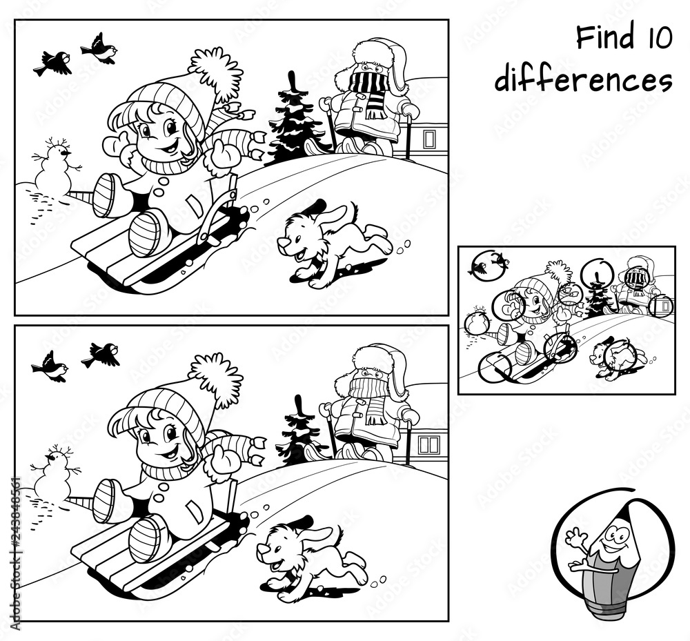 Winter holidays. Sledding little girl, skiing boy, dog and snowman ...