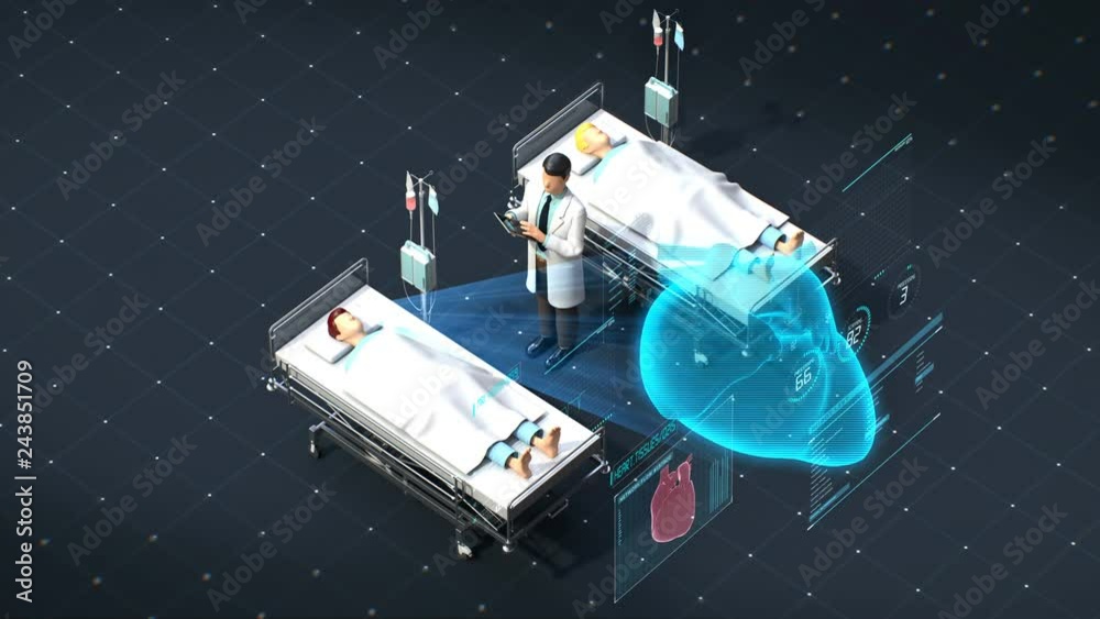 Doctor treating patients in the hospital room with hologram heart ...