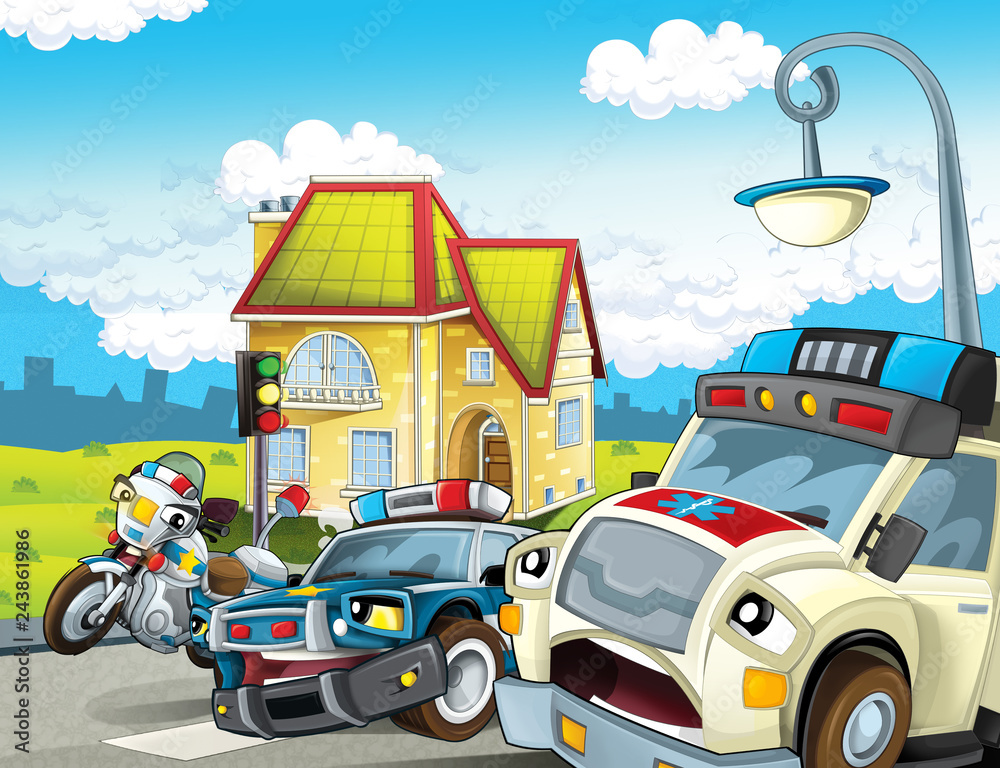 cartoon scene with police car motor and policeman on patrol and ...