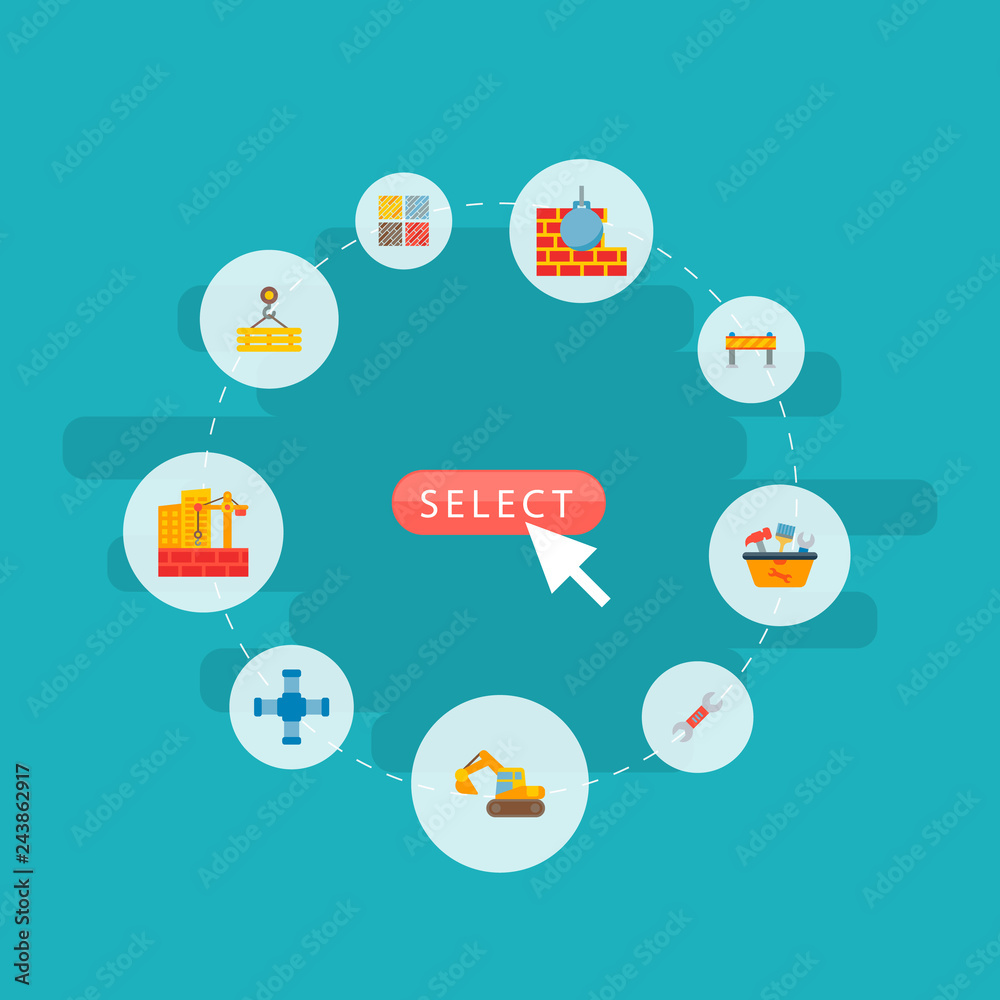 Set of industry icons flat style symbols with tool in box, crossed ...