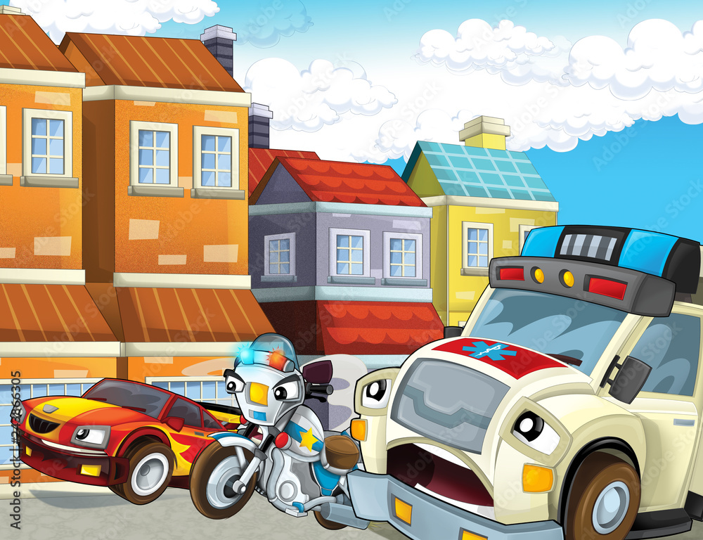 cartoon scene with police chase motorcycle driving through the city ...