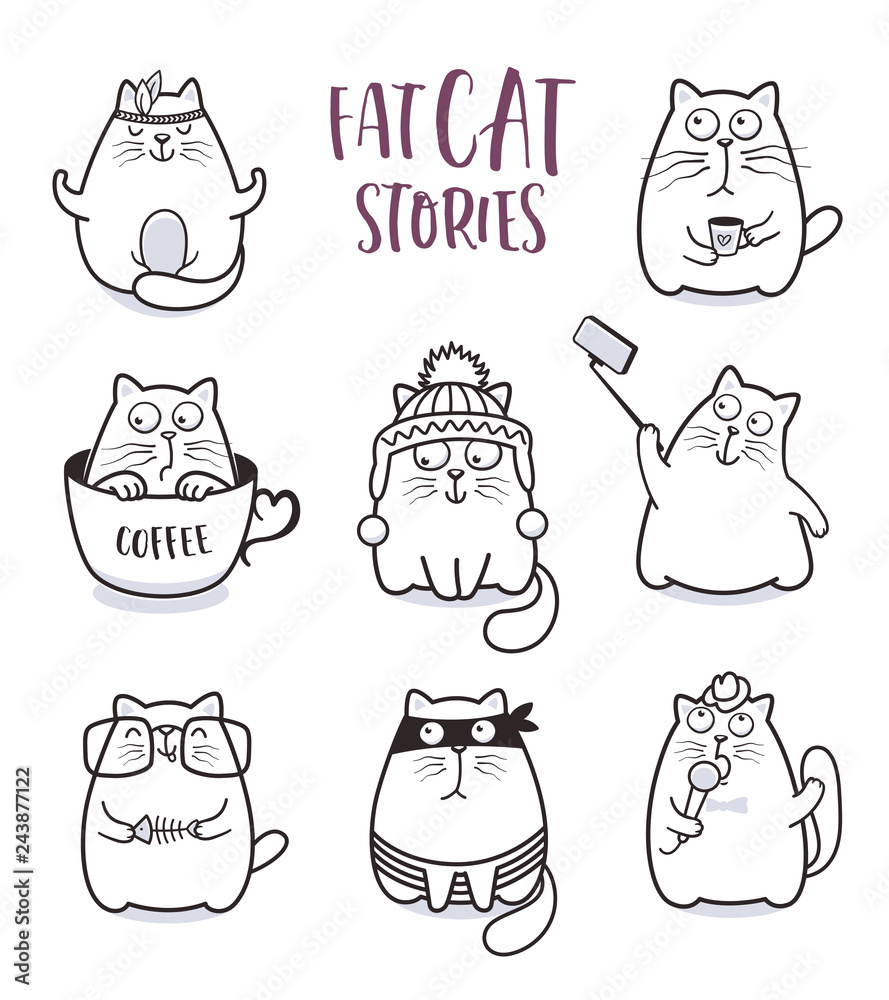 Fat cats vector set for greeting card design t-shirt print or poster ...