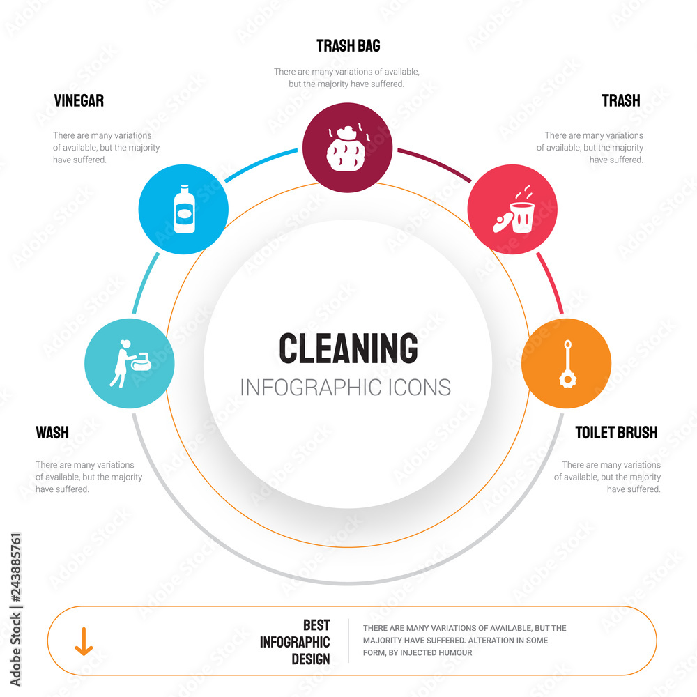Abstract infographics of cleaning template. Wash, vinegar, trash bag ...