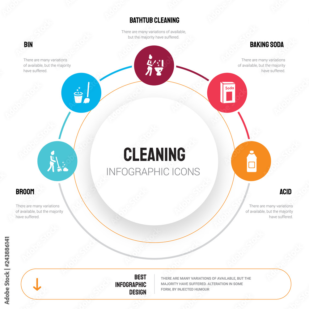 Abstract infographics of cleaning template. Broom, Bin, Bathtub ...