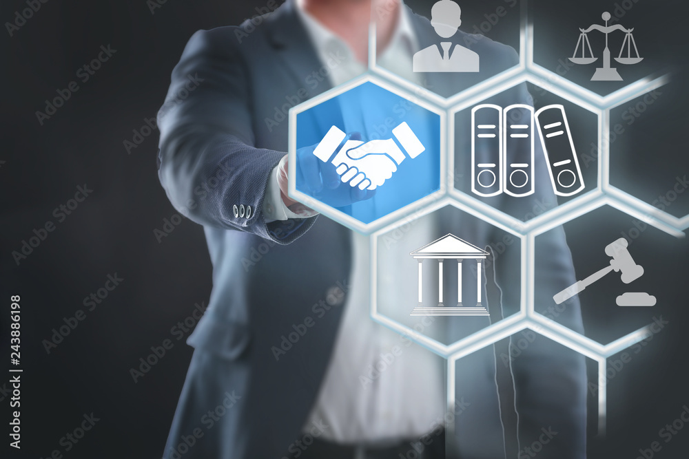 hand pushing a button on touch screen interface with handshake icon ...