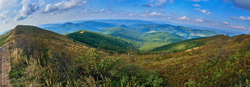 Beautiful panoramic view of the Bieszczady mountains in the early ...