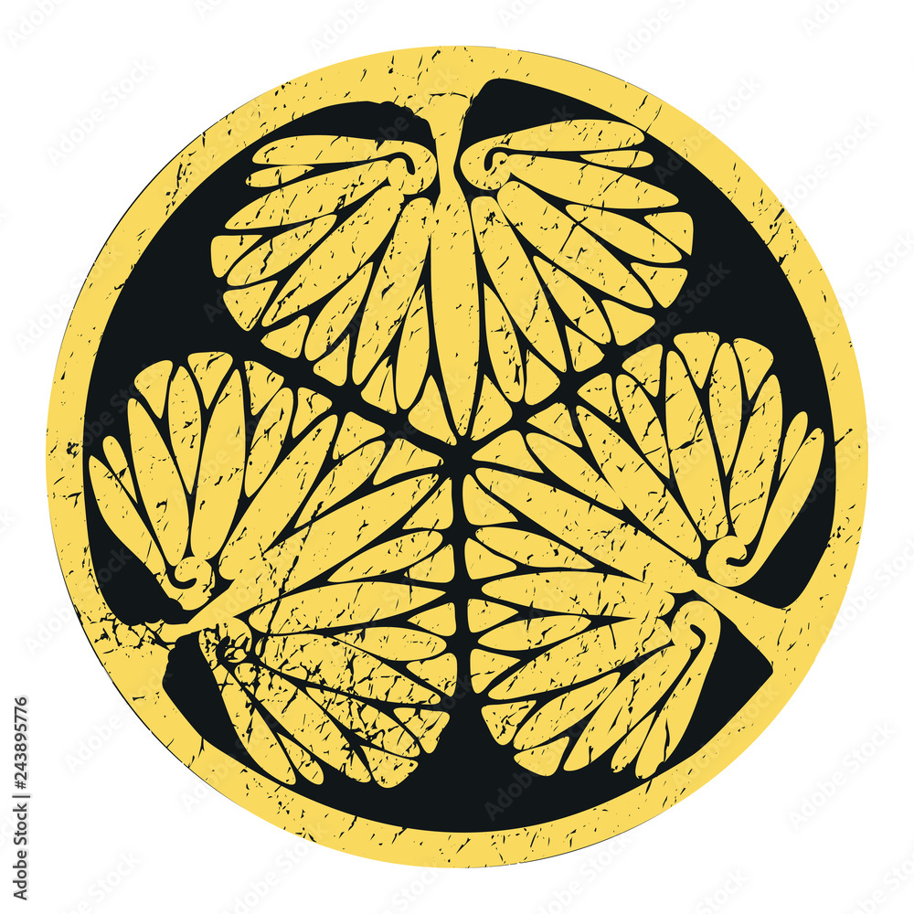 Distressed vector illustration: Tokugawa clan mon. The hollyhock crest Maruni Mitsuba Aoi of ...