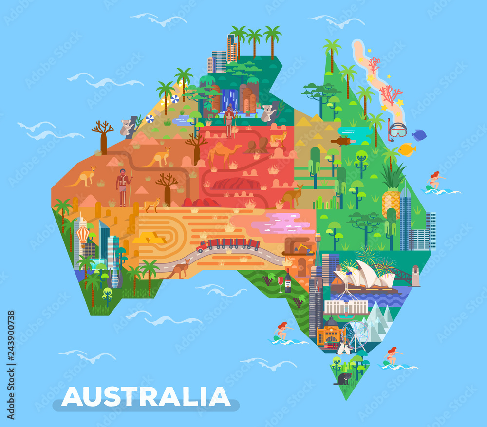 Map of Australia with landmarks of architecture Stock Vector | Adobe Stock