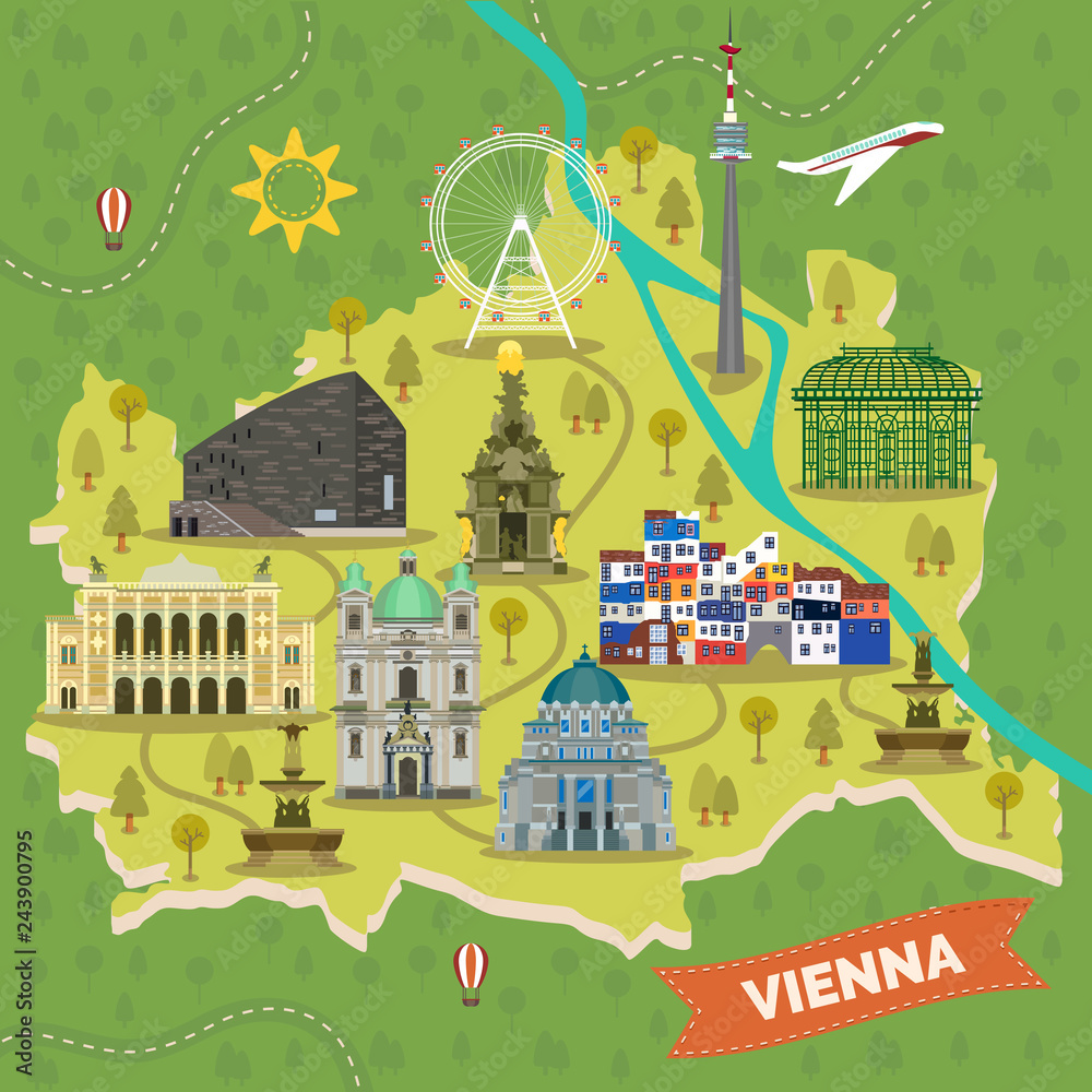 Travel map of Vienna, Austria with landmarks Stock Vector | Adobe Stock
