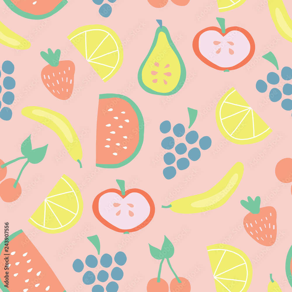 Seamless fruit pattern with bananas apples pear grapes lemons cherries ...
