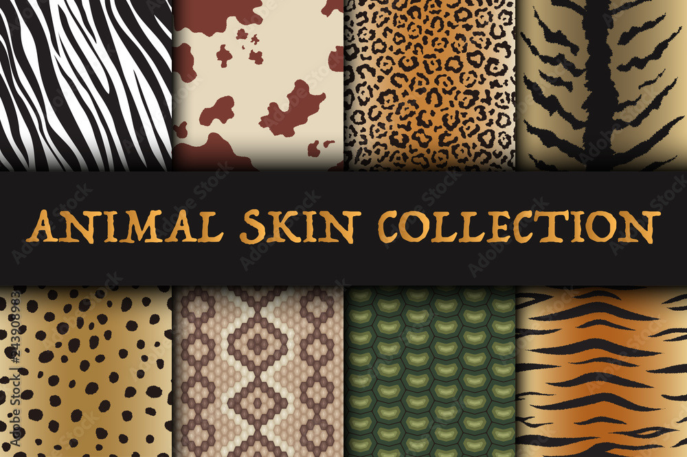 Seamless animal skin patterns set. Safari textile of Giraffe, tiger ...