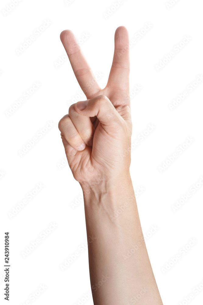 Male hand showing the "V" sign, isolated on white background Stock ...