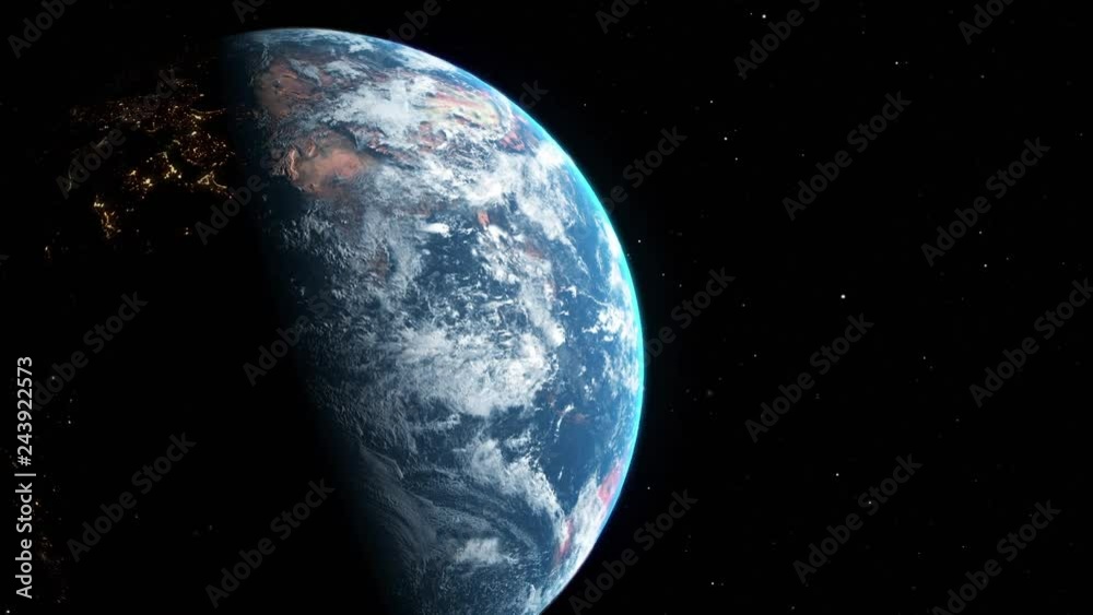 Realistic 3d animated rotating earth from space with visible lights ...