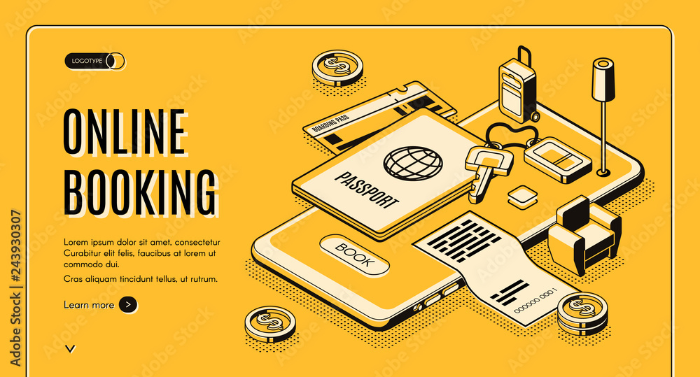 Booking tickets, reserving hotel room online service isometric vector ...