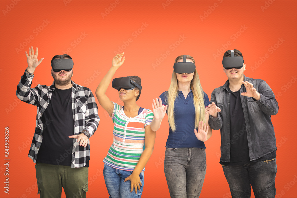 Multiracial friends group playing on vr glasses isolated on coral ...