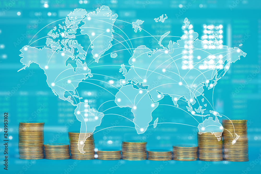 Double exposure of coin stack with city background and world map ...