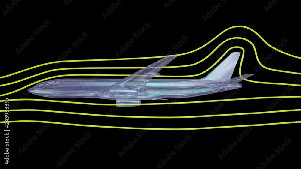 Air flow around airplane body. Profile side view. 3d animation concept ...