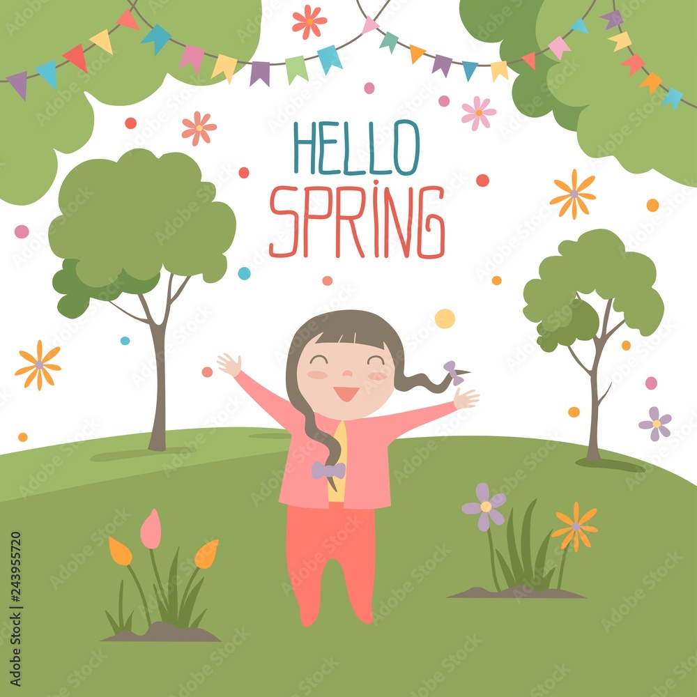Vector cartoon illustration of hello spring quote. Cute happy girl with ...