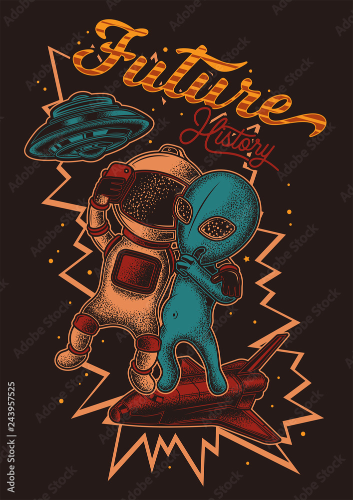 Vintage space poster astronaut and alien on the background of a flying ...