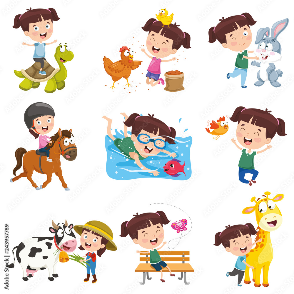Vector Illustration Of Cartoon Girl Doing Various Activities Stock ...