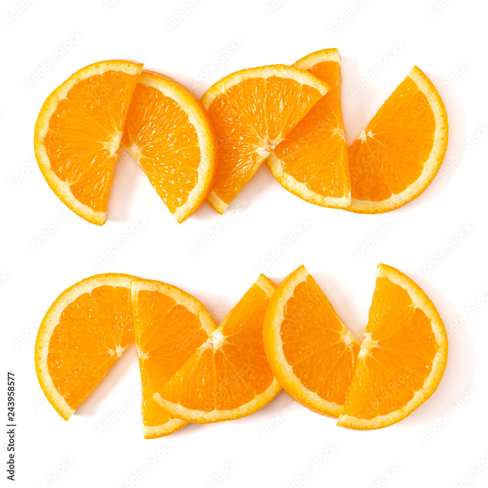 Orange fruit slice layout isolated on white background closeup. Food ...