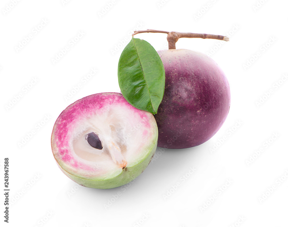 purple star apple fruit with leaf isolated on white background Stock ...