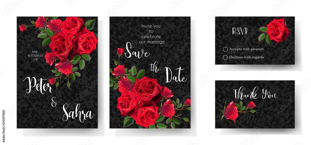 Set of red rose beautiful cards on texture black background , Wedding ...