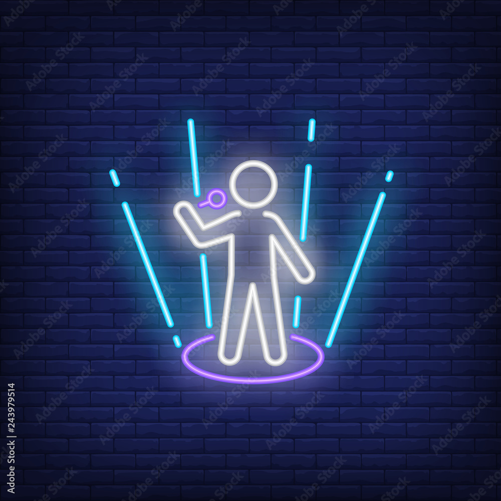 Singer neon sign. Glowing person with microphone on scene on brick wall ...