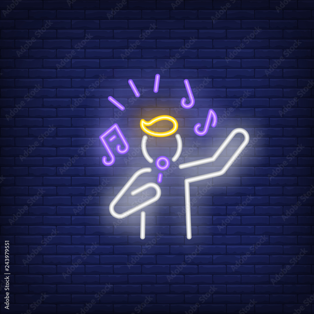 Singing person neon sign. Glowing human with microphone and musical ...