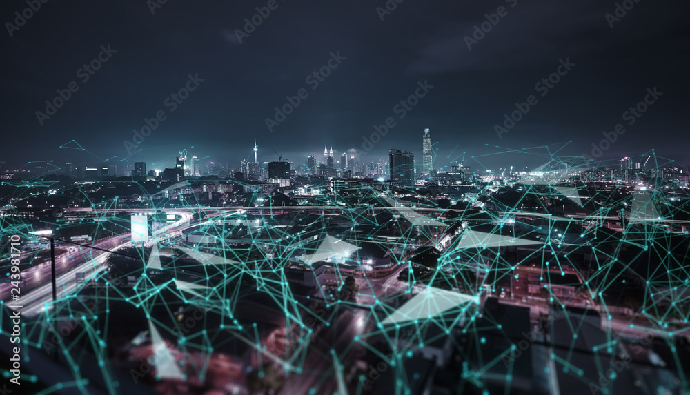 Smart cityscape with wireless network . Futuristic communication ...