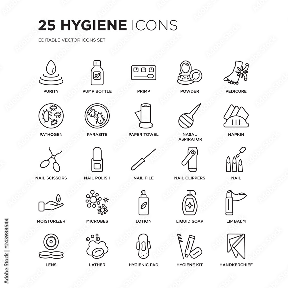 Set of 25 Hygiene linear icons such as purity, pump bottle, primp ...