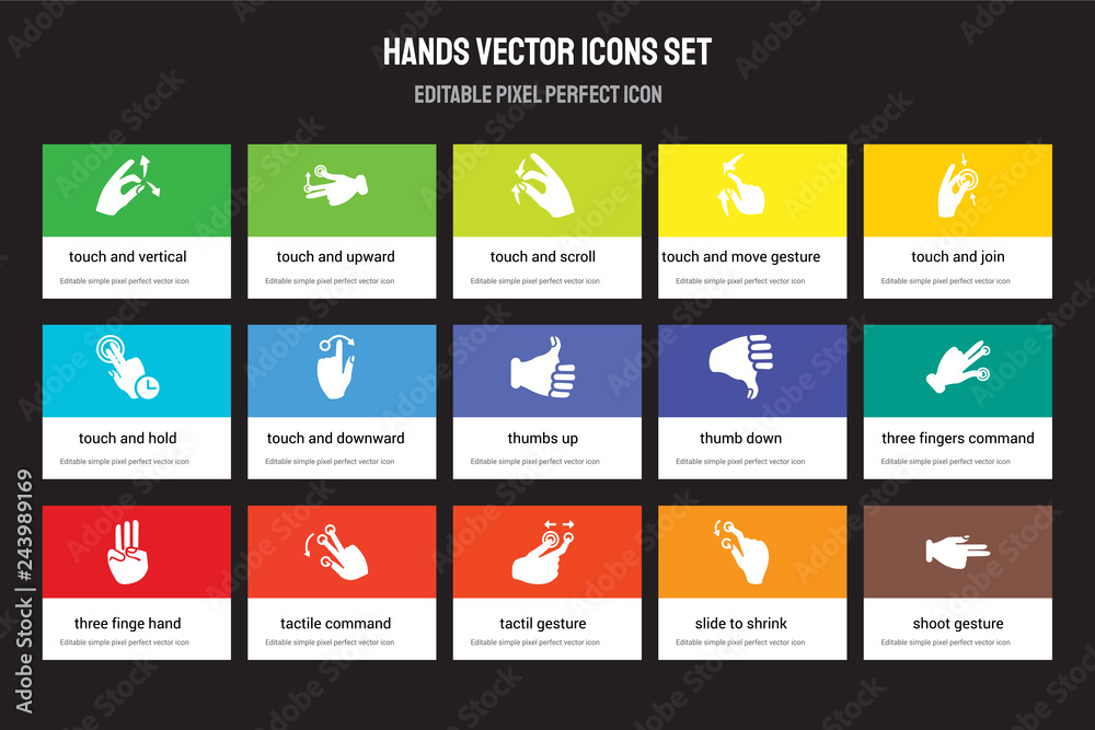 Set of 15 flat hands icons - Touch and vertical sliding gesture, upward ...