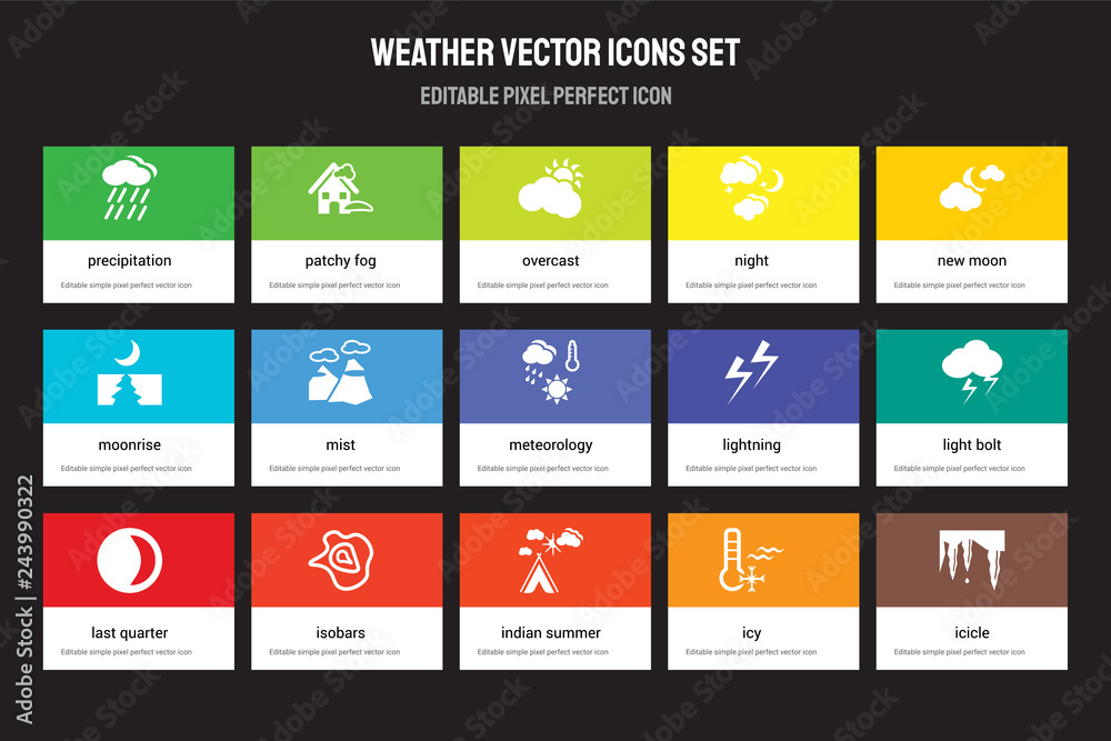 Vecteur Stock Set of 15 flat weather icons - precipitation, patchy fog ...