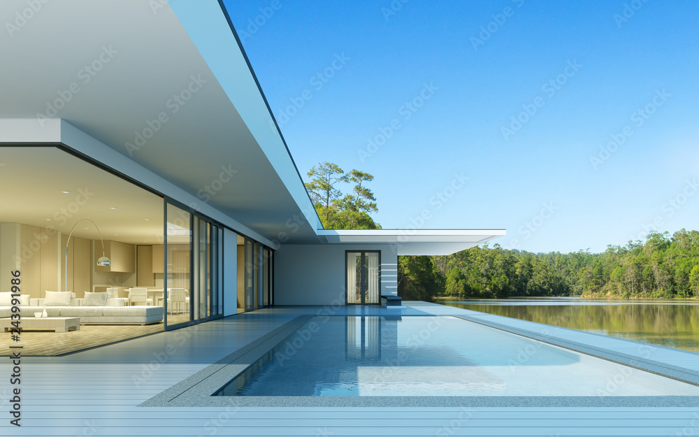 Perspective of luxury modern house with swimming pool in day time on ...