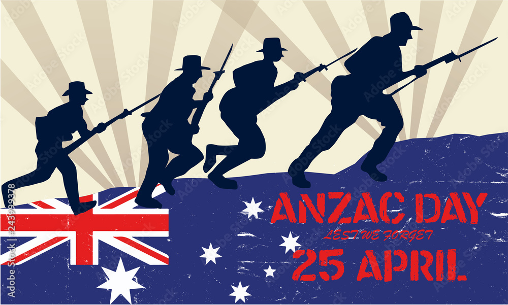 Anzac Day, silhouette of soldiers fighting at war with Australia flag ...