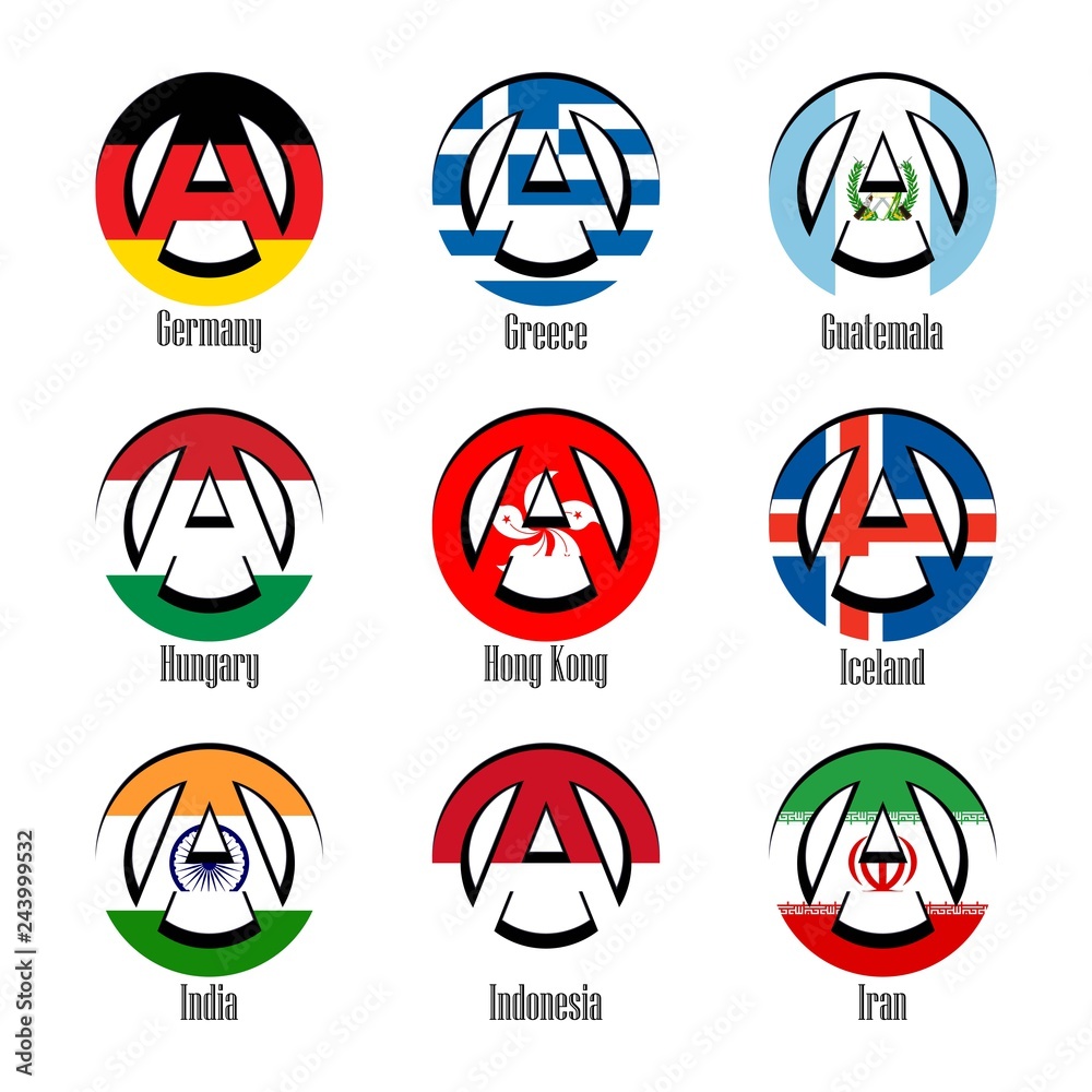 Flags of different countries of the world in the form of a sign of ...