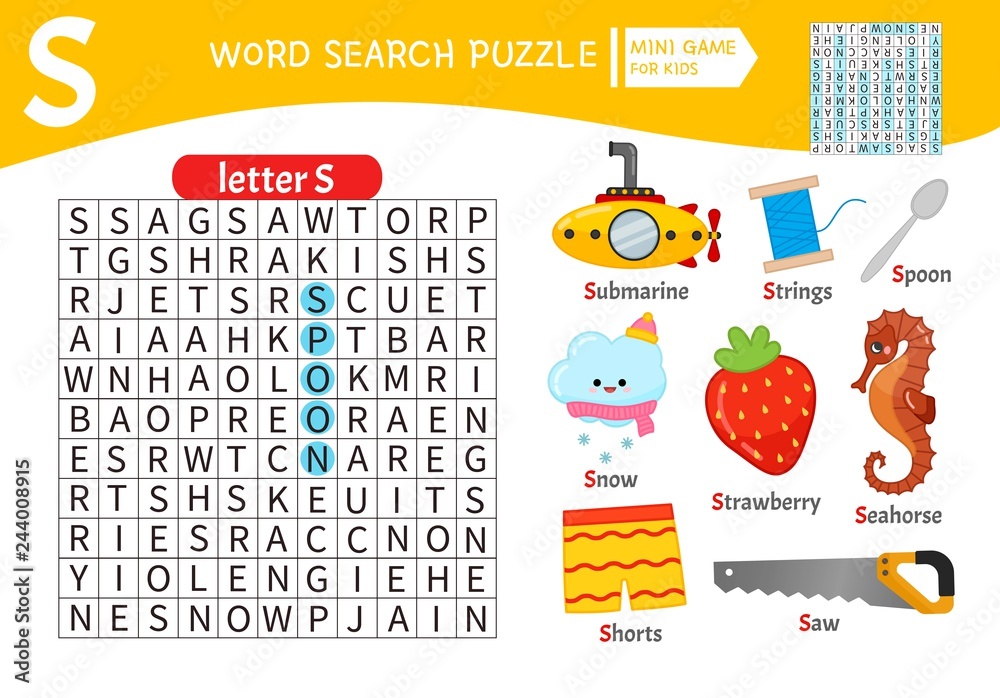 Words puzzle children educational game. Learning vocabulary. Letter S ...