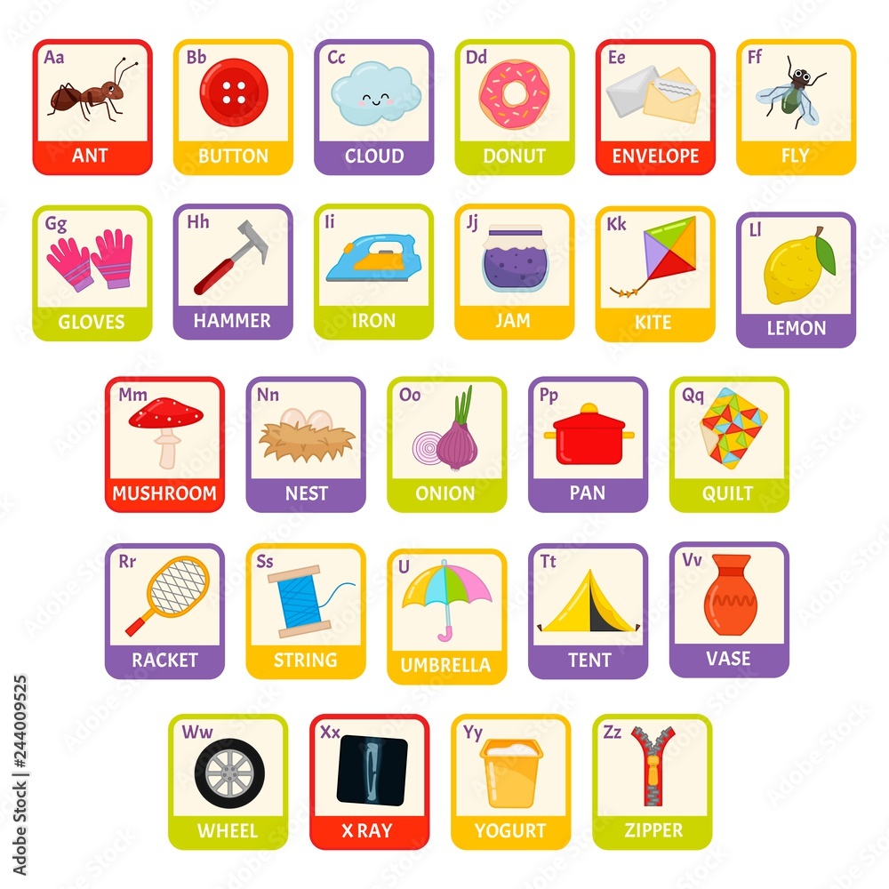 Vector cute kids alphabet. Cards with cartoon objects. Stock Vector ...