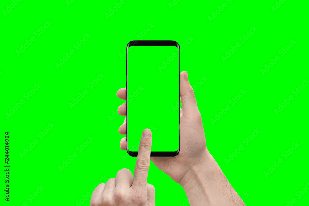 First person view on modern smart phone ih hands. Finger touch isolated ...