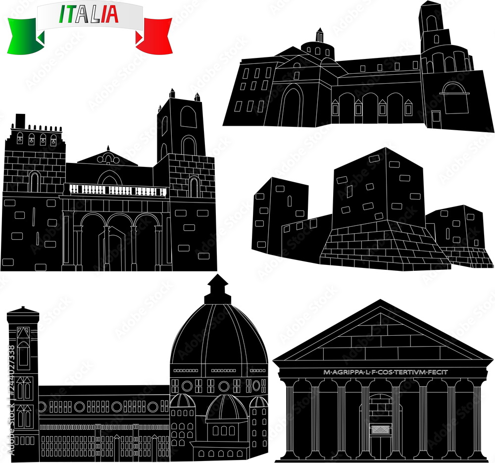 Architectural monuments of Italy on a white background. Black ...