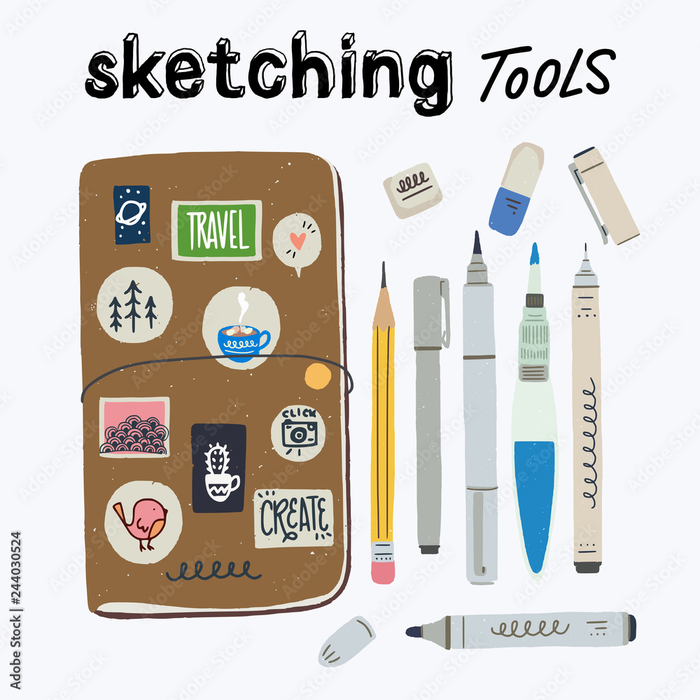 Cartoon style set of sketching tools Stock Vector | Adobe Stock