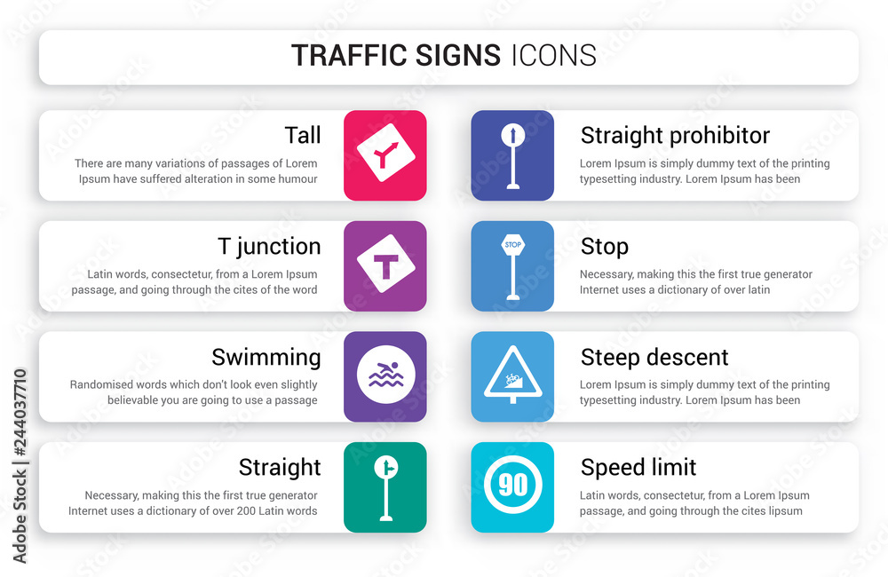 Set of 8 white traffic signs icons such as Tall, T junction, Swimming ...