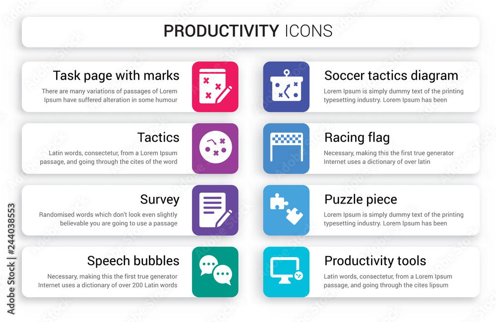Set of 8 white productivity icons such as Task page with marks, Tactics ...