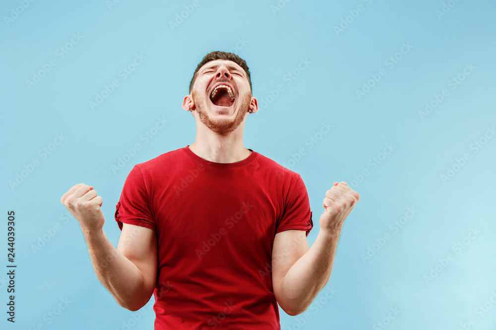 Naklejka I won. Winning success happy man celebrating being a winner ...