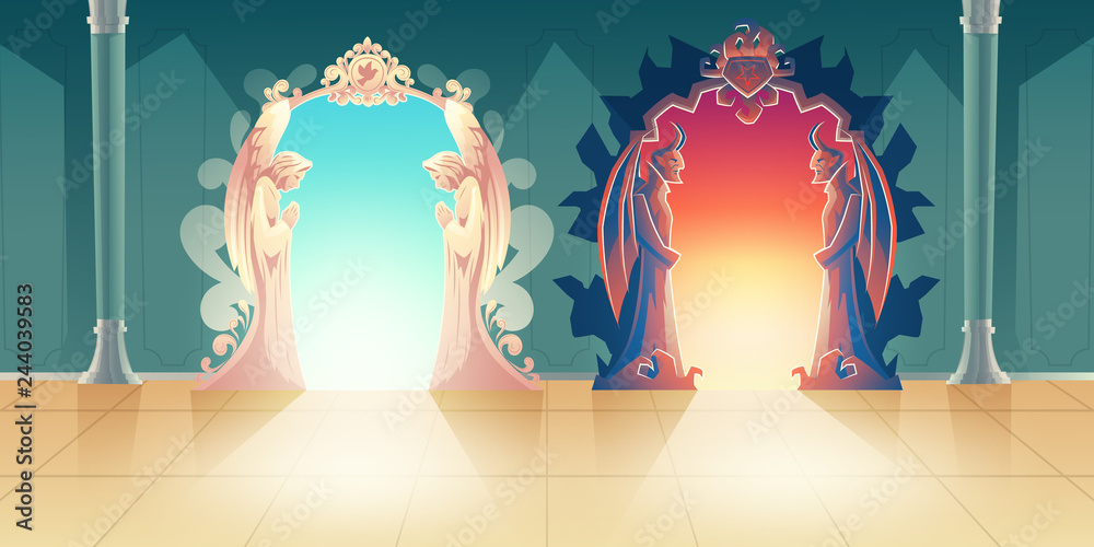 Heaven and hell gates cartoon vector with humbly praying angels and ...