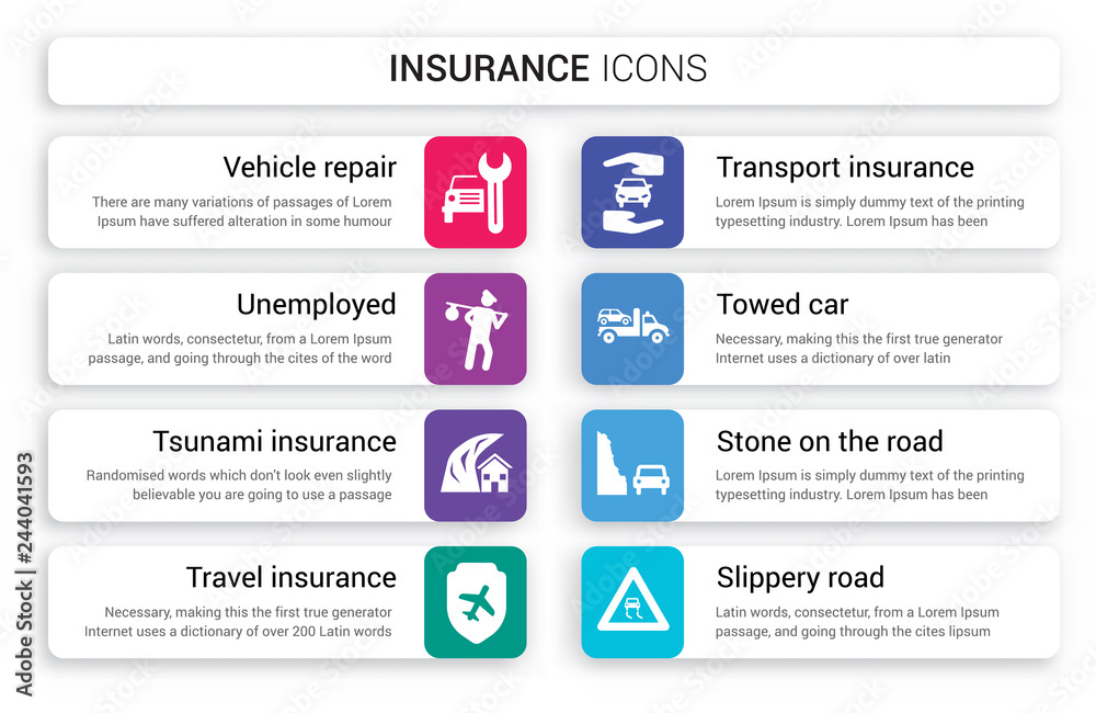 Set of 8 white insurance icons such as Vehicle repair, Unemployed ...