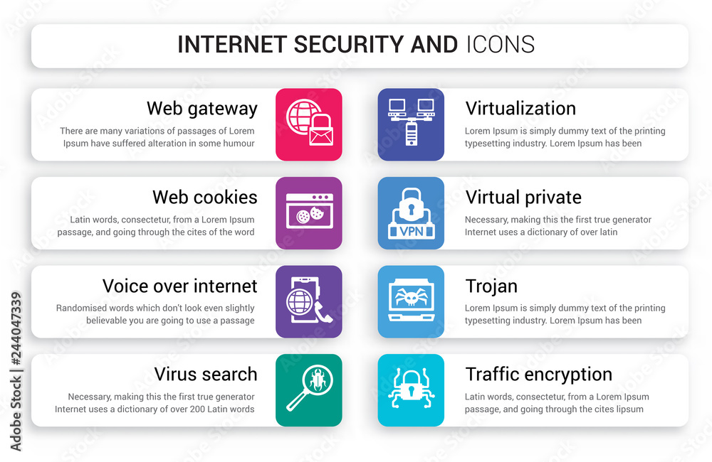 Set of 8 white internet security and icons such as web gateway, Cookies ...