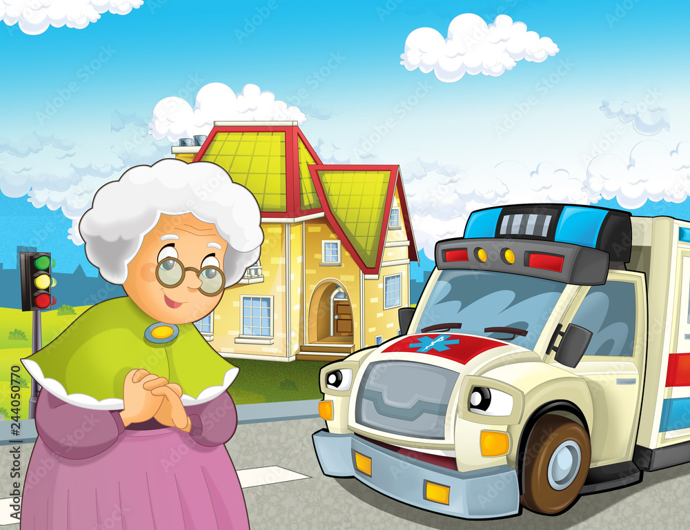 cartoon scene with older lady not feeling well and ambulance coming to ...