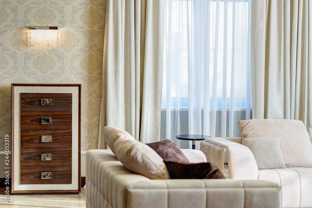 Modern interior of empty living room in brown, white, lithe brown ...